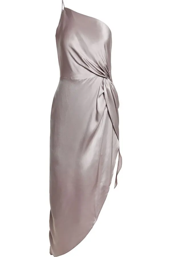 Michelle Mason One-Shoulder Twisted Silk-Satin Midi Dress Silver