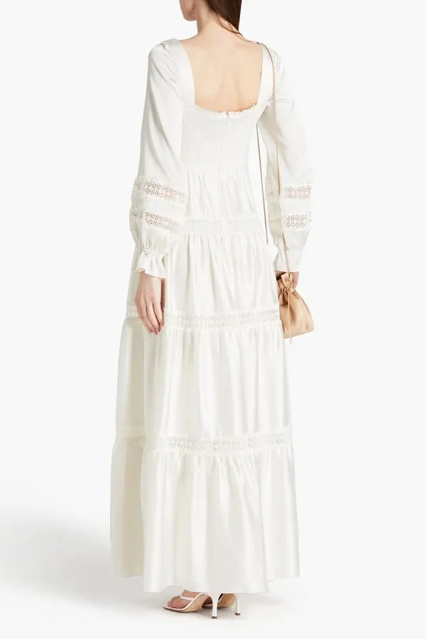 Monique Lhuillier Lace-Trimmed Shirred Hammered-Satin Maxi Dress In  Off-White - 85% Off | Editorialist