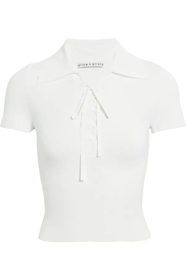 Alice + Olivia Janine Lace-up Stretchknit Polo Shirt - White