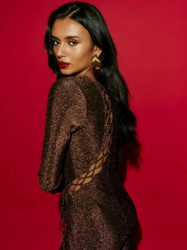 Reformation Kinsey Knit Dress In Copper Sparkle - 50% Off | Editorialist
