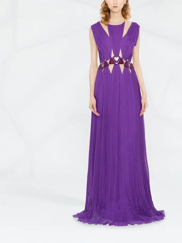 alberta ferretti purple dress Alberta Ferretti Ruffle Pleated-Godet Organic Chiffon Illusion Gown, Violet, Women's, 10, Chiffon Gowns