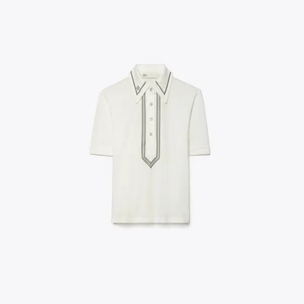 Tory Burch Mercerized Cotton Retro Polo - Snow White/gray