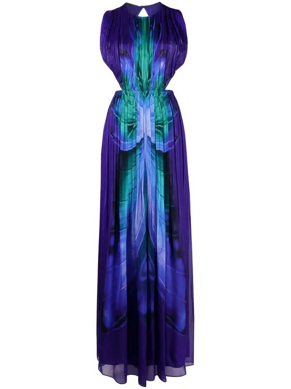 Alberta Ferretti Butterfly-print Pleated Chiffon Gown - Blue