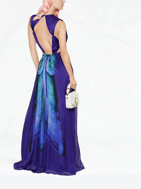 Alberta Ferretti Pleated Butterfly Print Gown