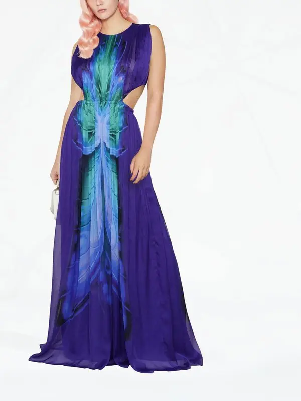 Alberta Ferretti Pleated Butterfly Print Gown