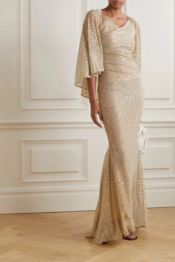 talbot runhof gold dress Cape-Effect Draped Metallic Fil Coupé Tulle Gown - Mitchell stores