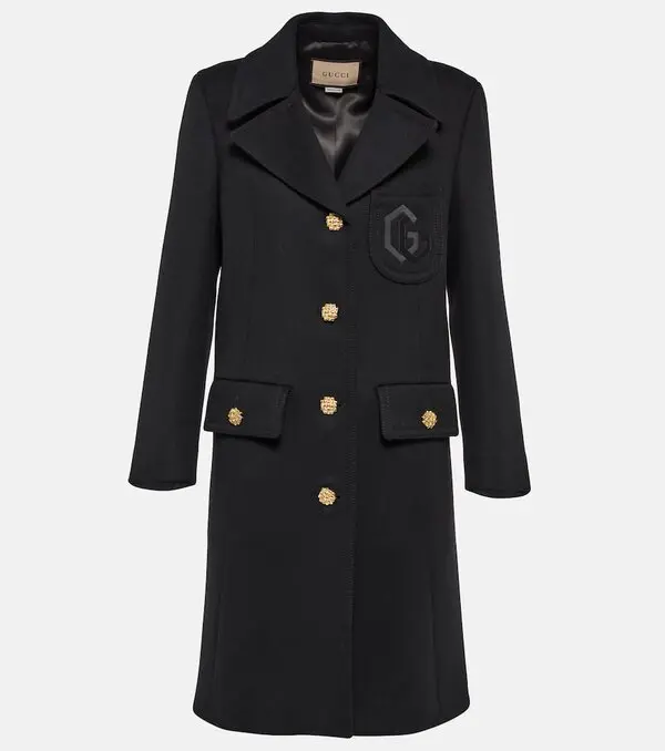 Gucci Double G Embroidered Wool Tailored Coat Black Editorialist