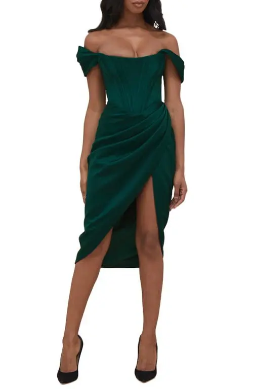House Of Cb Loretta Off The Shoulder Satin Corset Dress - Green |  Editorialist