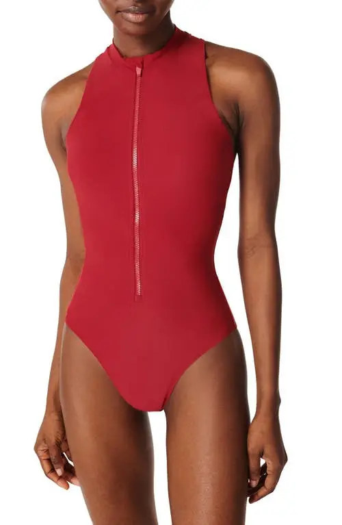 Sweaty Betty Vista High Neck Zip-Up One-Piece Swimsuit Vine Red