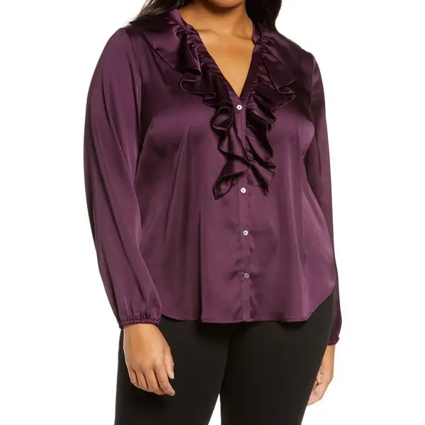 1.State Ruffle Neck Button-front Blouse - Deep Plum