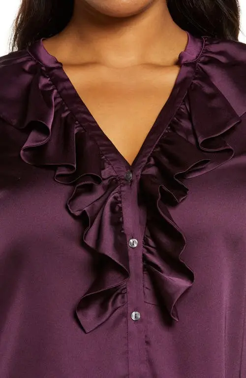 1.State Ruffle Neck Button-front Blouse - Deep Plum