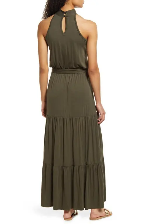 Loveappella Tiered Halter Maxi Dress - Olive