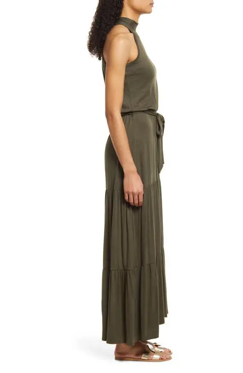 Loveappella Tiered Halter Maxi Dress - Olive