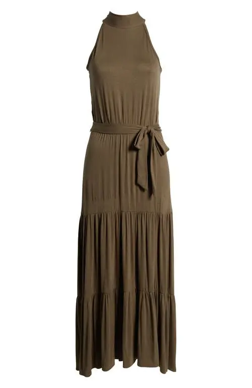 Loveappella Tiered Halter Maxi Dress - Olive
