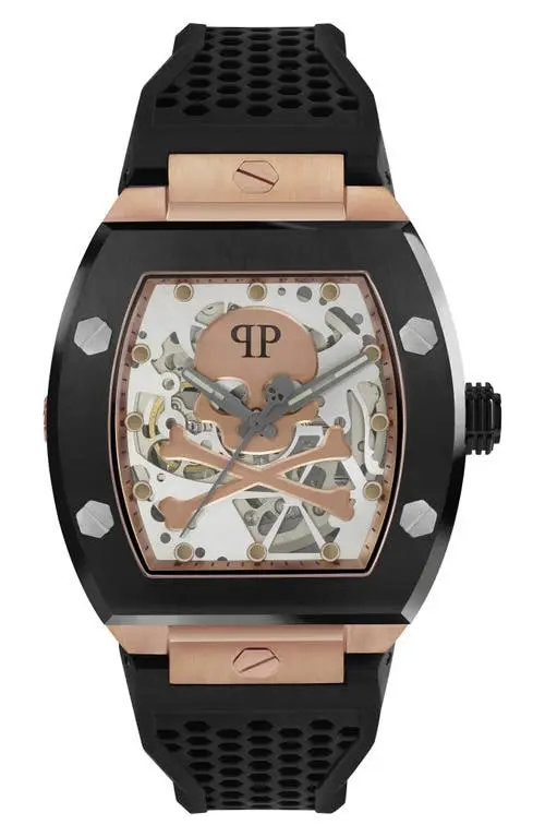 Philipp Plein The $keleton Silicone Strap Watch - Rose Gold/black