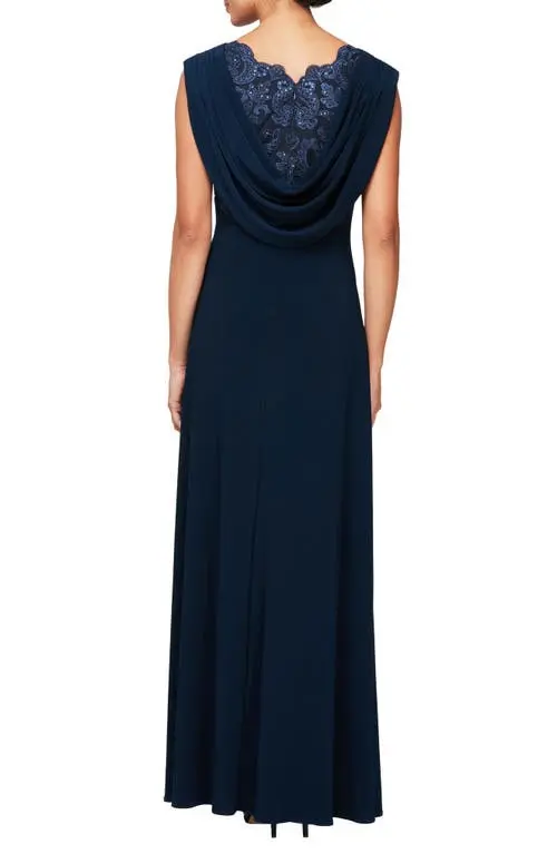 Alex Evenings Sequin Floral Bodice Cowl Back Gown