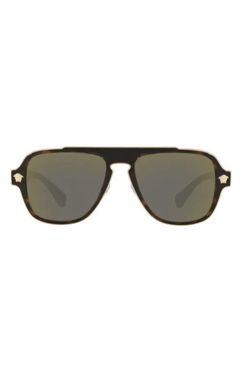 Versace 56mm Mirrored Aviator Sunglasses - Dark Havana/ Grey Gold Mirror