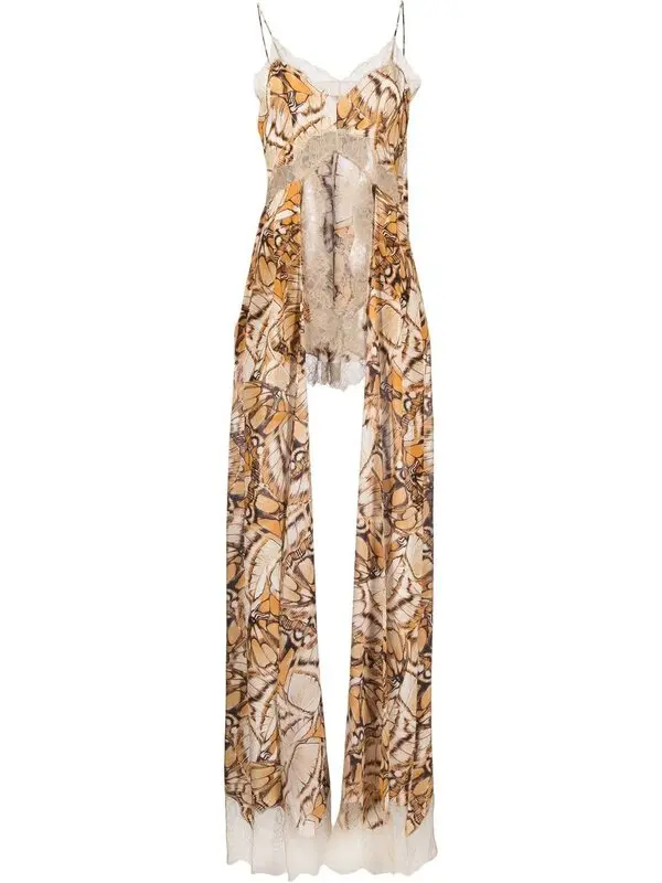 Alberta Ferretti Butterfly-print Asymmetric-hem Camisole - Neutrals