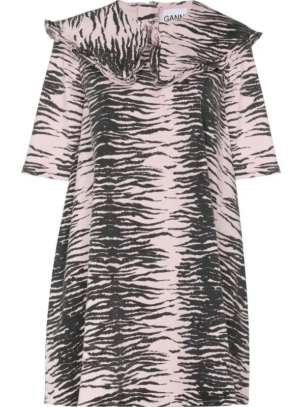 GANNI Tiger Print Ruffled Collar Mini Dress - Black