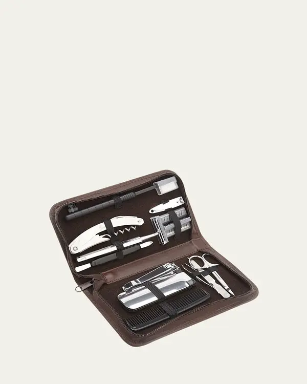 ROYCE NEW YORK Monogrammed Leather Travel Grooming Toiletry Kit, Personalized - Brown