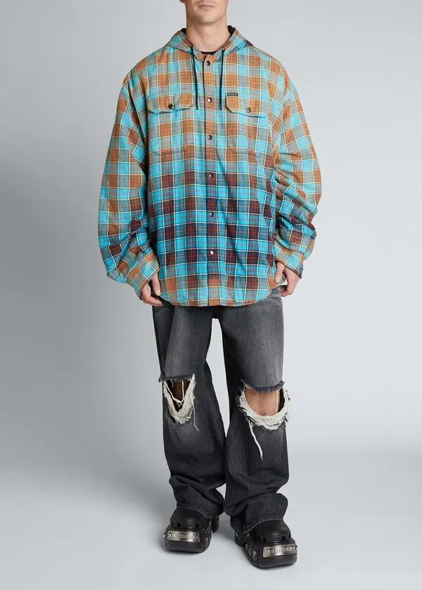 Balenciaga Bleached Plaid Flannel Hooded Shirt Jacket - Acqua Blue 