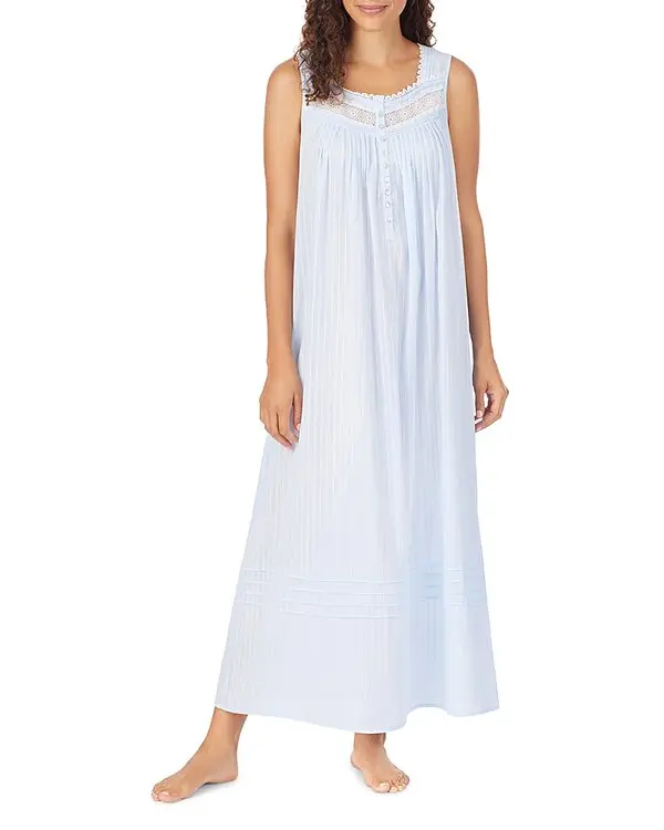 Eileen West Cotton Dobby Striped Lace Trim Ballet Nightgown - Blue