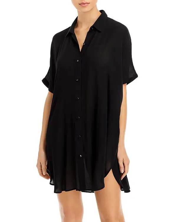 Aqua Swim Button-down Swim Cover Up Tunic Exclusive - Black