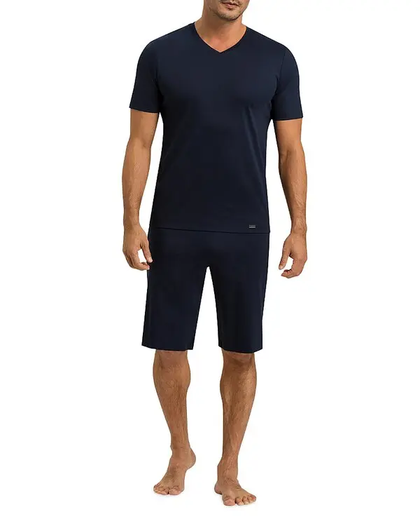 Hanro Night Selection Mercerized Cotton V Neck Pajama Tee & Pajama Shorts Set - Deep Navy