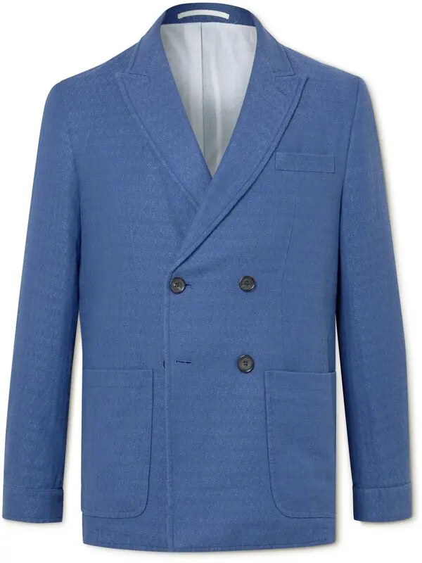 Oliver Spencer Slim-fit Unstructured Double-breasted Linen And Cotton-blend Suit Jacket - Blue