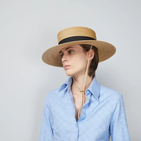 Gucci Straw Boater Hat With Grosgrain Trim