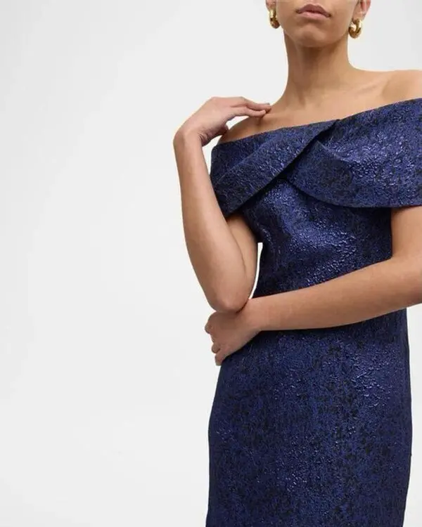 Rickie Freeman For Teri Jon Off-shoulder Jacquard Gown - Blublk