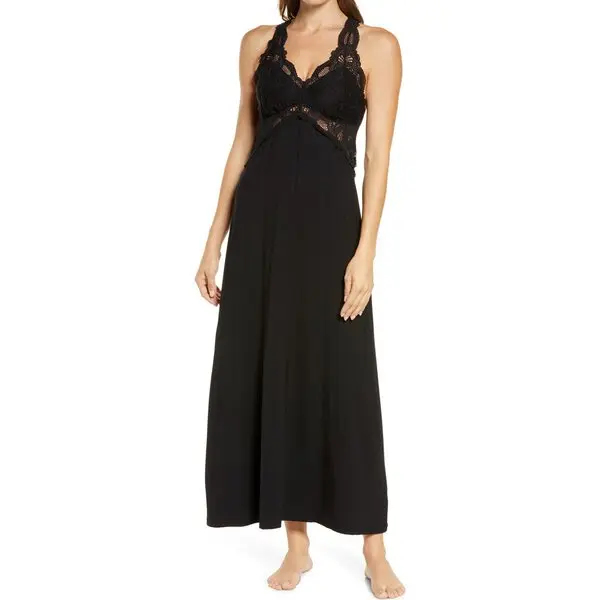 Fleur't Belle Époque Lace Trim Knit Nightgown - Black