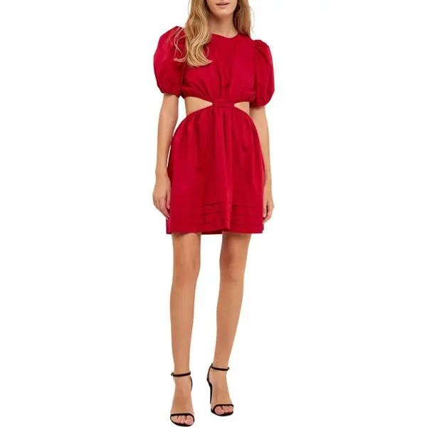 English Factory Cutout Puff Sleeve Mini Dress - Lipstick