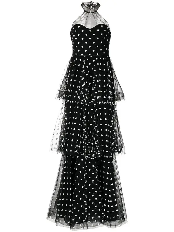 Marchesa Heart-print Tiered Maxi Gown - Black