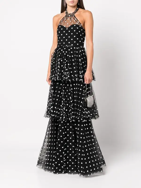 Marchesa Heart Print Tiered Maxi Gown