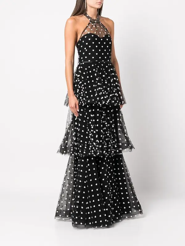 Marchesa Heart Print Tiered Maxi Gown