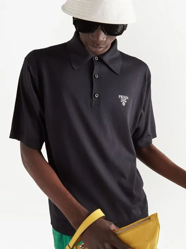 Prada Logo-Embroidered Silk Polo Shirt - Black | Editorialist