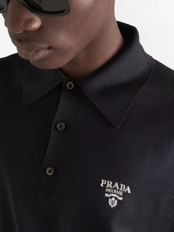Prada Logo-Embroidered Silk Polo Shirt - Black | Editorialist
