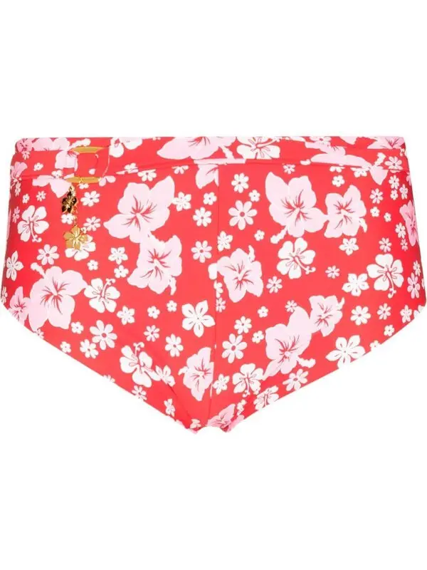 Frankies Bikinis Floral Mid-rise Bikini Bottom - Red
