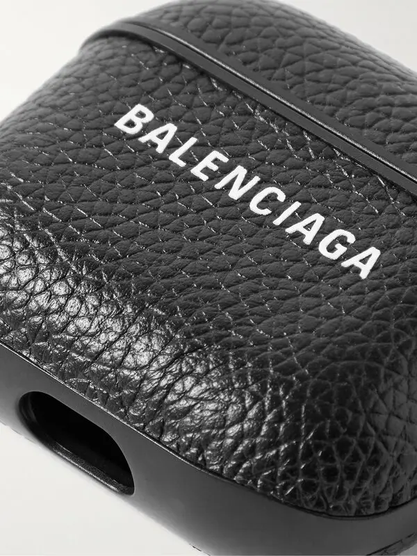 Balenciaga Logo-Print Full-Grain Leather Airpods Pro Case - Black