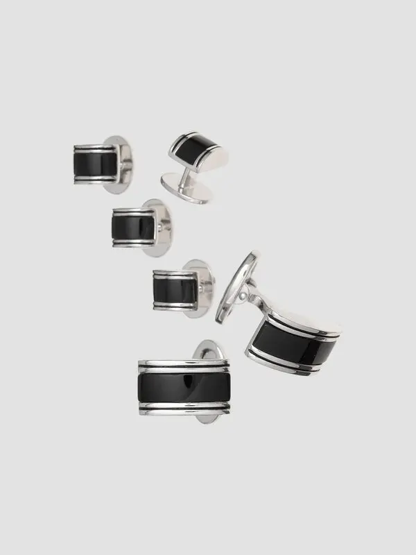 JAN LESLIE Linear Etch Rectangular Cufflinks & Tuxedo Studs Set - Silver