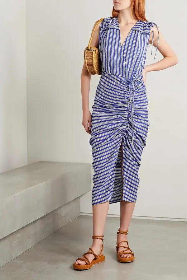 chinese dress ladies Arabella Linen Blend Dress-Pink, Rich Emerald Stripe
