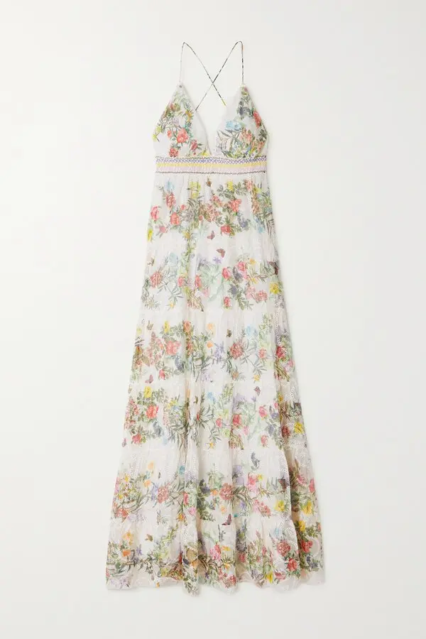 Alice + Olivia Karolina Tiered Embroidered Floral-Print Voile Maxi Dress In  White - 30% Off | Editorialist