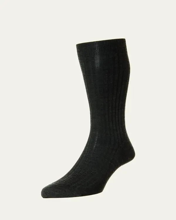 Pantherella Laburnum Ribbed Wool Mid-calf Socks - Gray Pattern