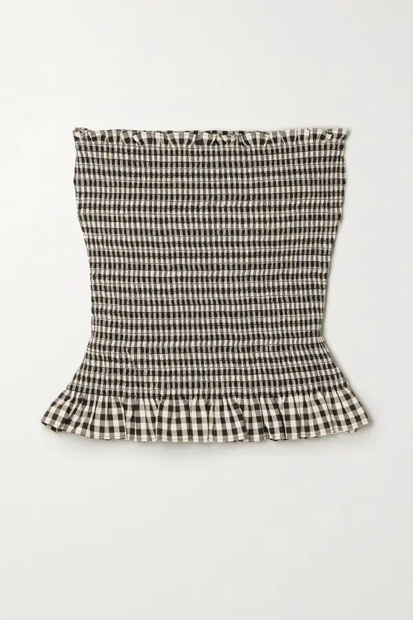 MOLLY GODDARD Kim" Shirred Ruffled Gingham Cotton Strapless Top - Black