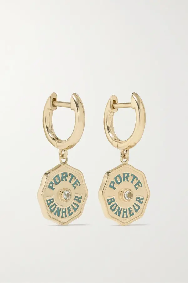 MARLO LAZ Wee Porte Bonheur 14-karat Enamel And Aquamarine Hoop Earrings - Gold