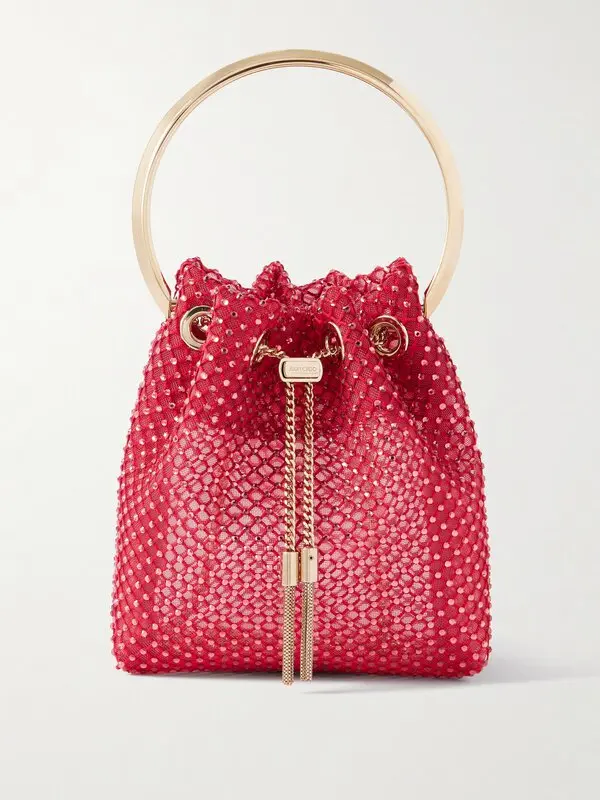 JIMMY CHOO Crystal-embellished Mesh Bucket Bag - Red