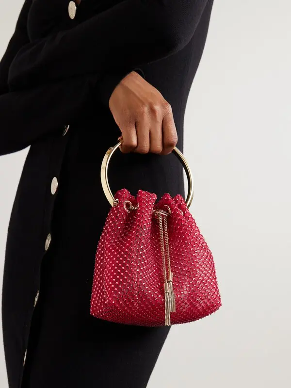JIMMY CHOO Crystal-embellished Mesh Bucket Bag - Red