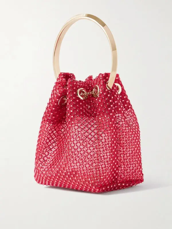 JIMMY CHOO Crystal-embellished Mesh Bucket Bag - Red