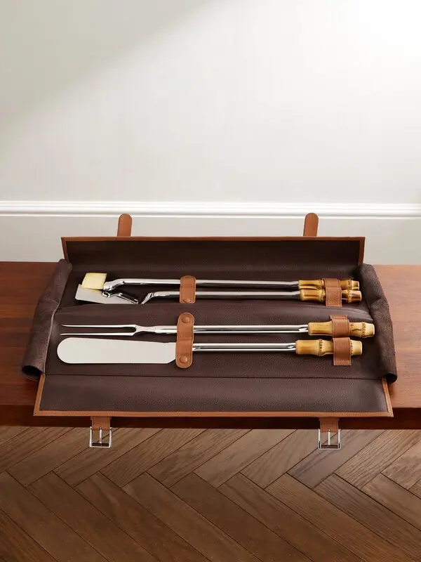 LORENZI MILANO Bamboo, Leather And Stainless Steel Travel Bbq Set - Brown